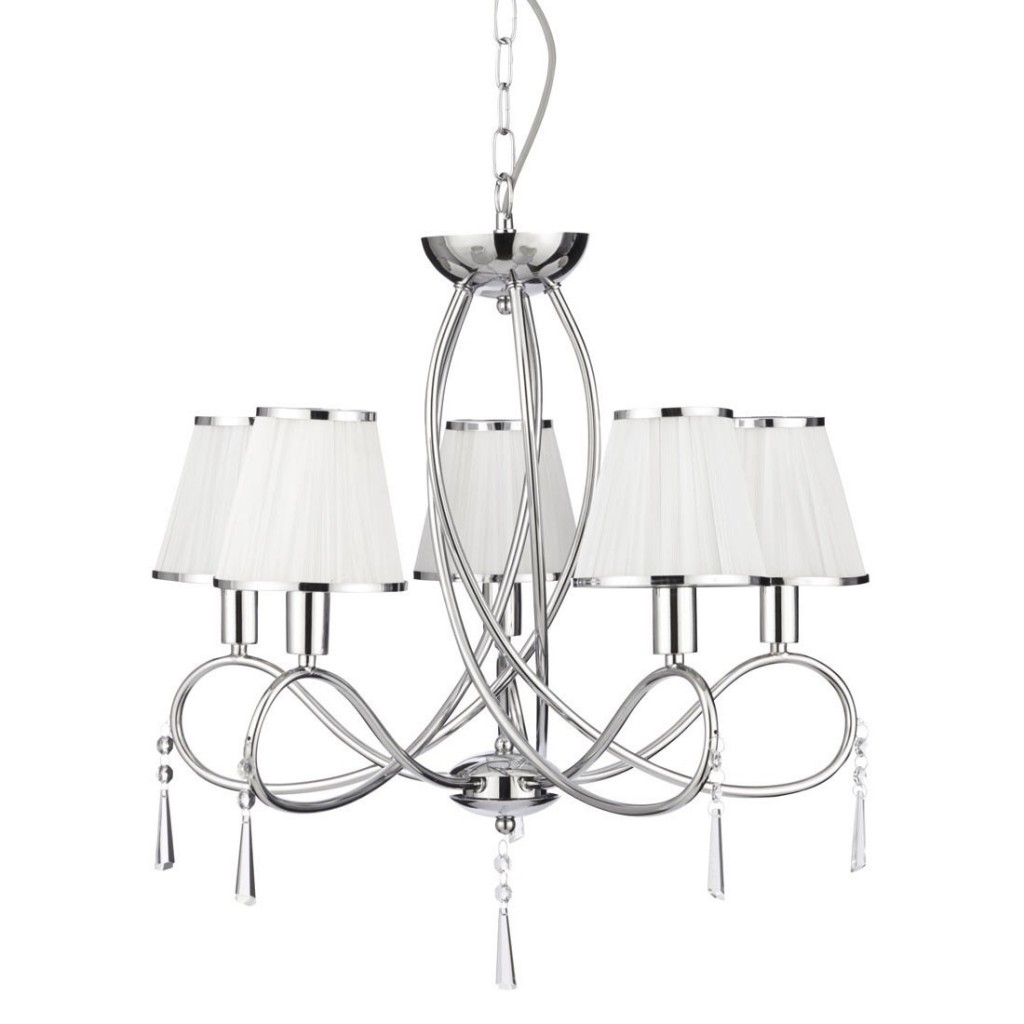 SIMPLICITY CHROME 5 LIGHT FITTING WITH GLASS DROPS & WHITE STRING ...